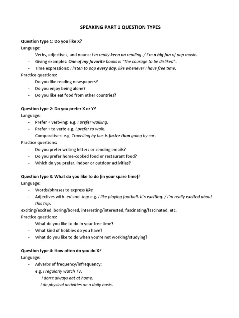 Speaking Part 1 - Common Question Types | PDF | Adverb | Verb