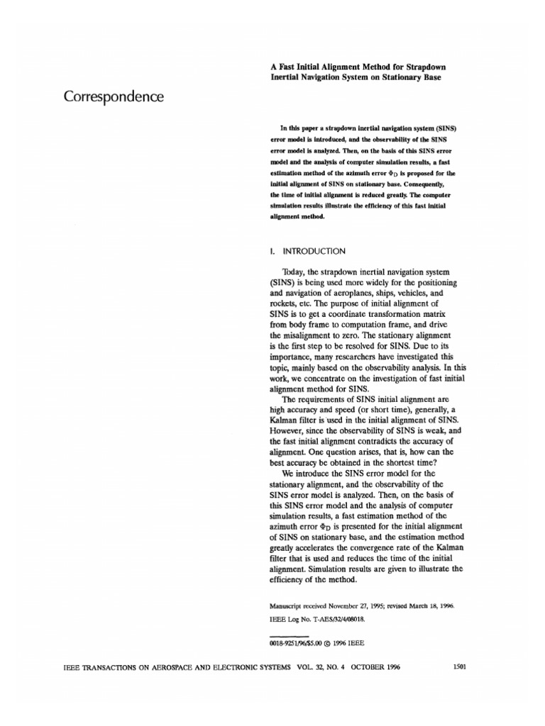 A Fast Initial Alignment Method For SINS On Stationary Base | PDF