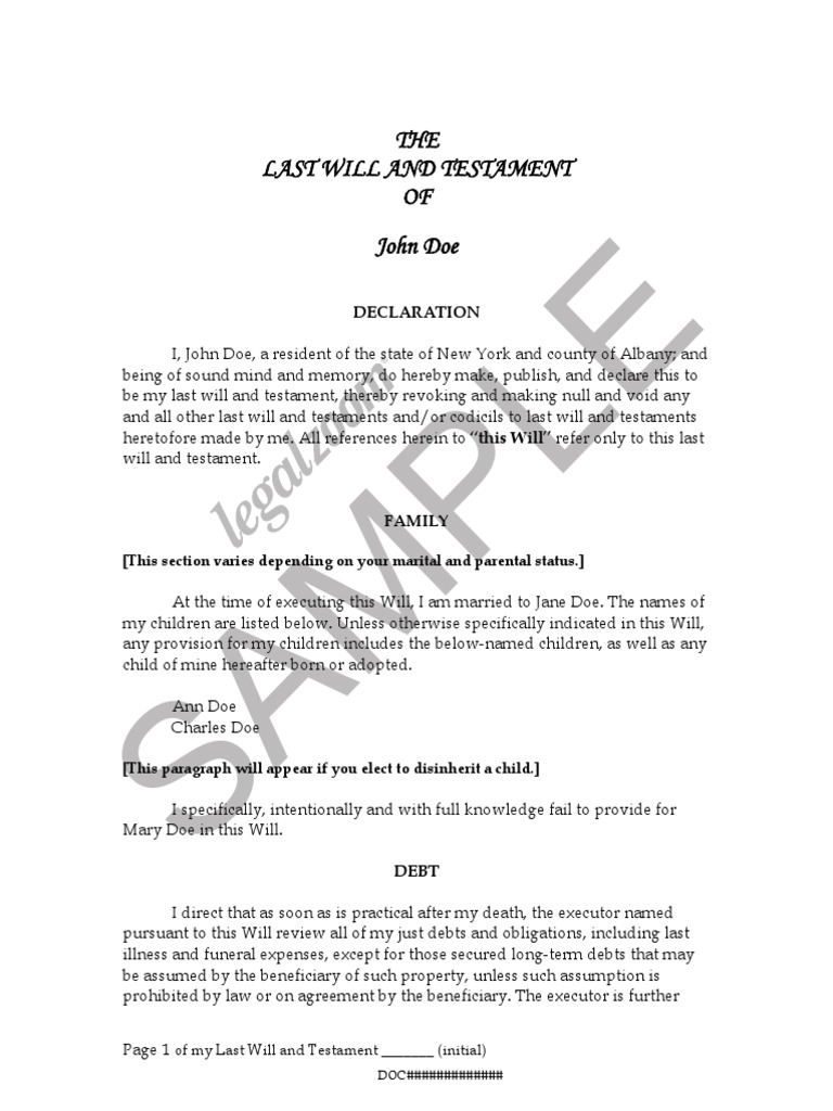 Last Will and Testament of John Doe NY Sample2 Eng15 | PDF | Trust Law ...