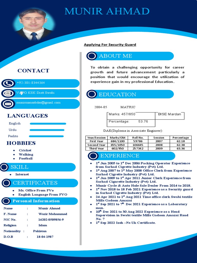 Munir AHmad CV For Security Guard | PDF