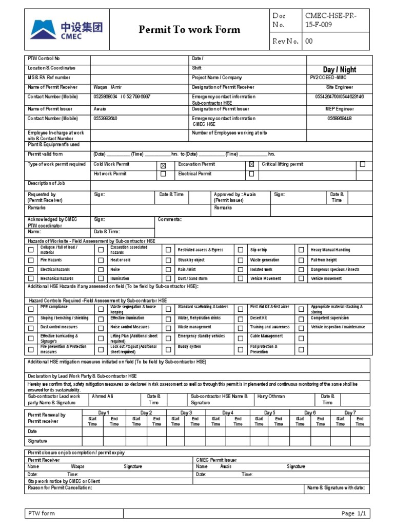 Construction Work Permit Form | PDF | Safety | Occupational Safety And ...