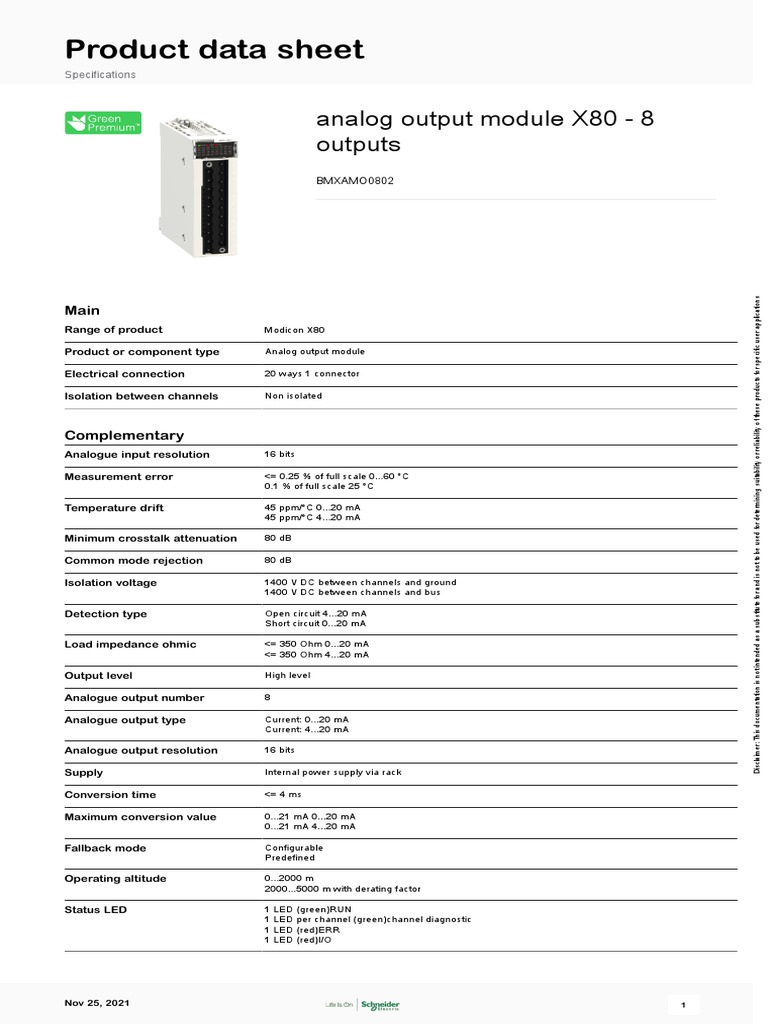 BMXAMO0802 Analog Output Module Data | PDF | Power Supply | Electrical ...