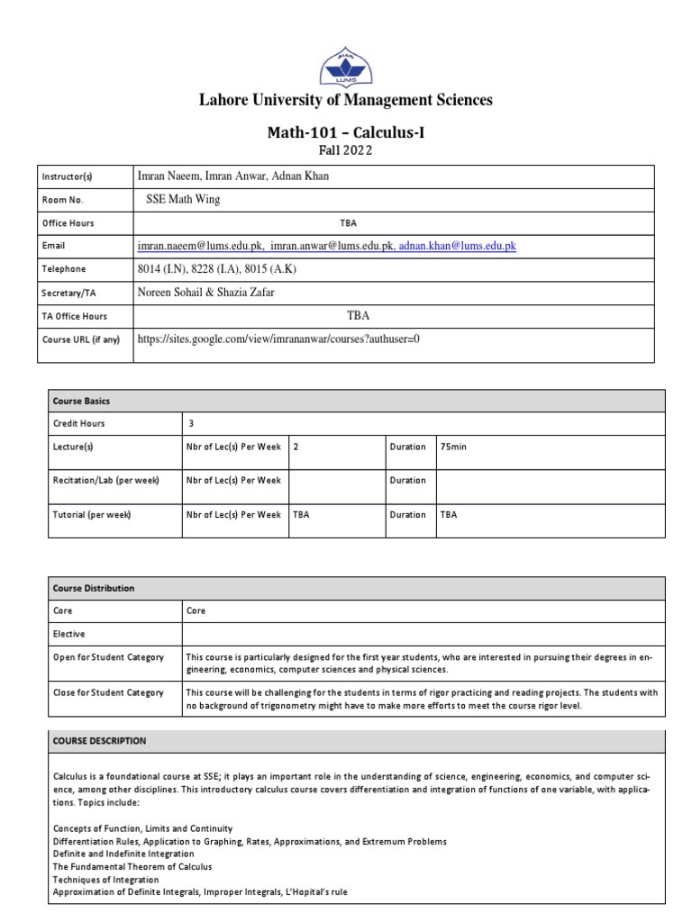 MATH 101 Calculus-I | PDF | Integral | Calculus