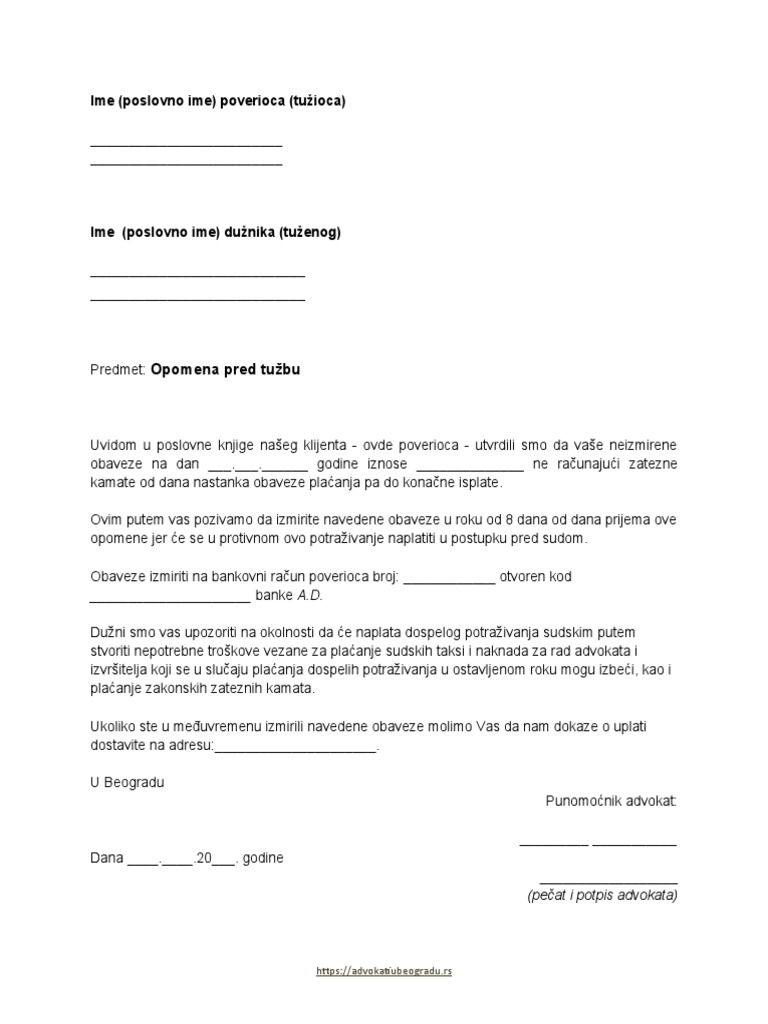 Opomena Pred Utuzenje Primer Obrazac | PDF
