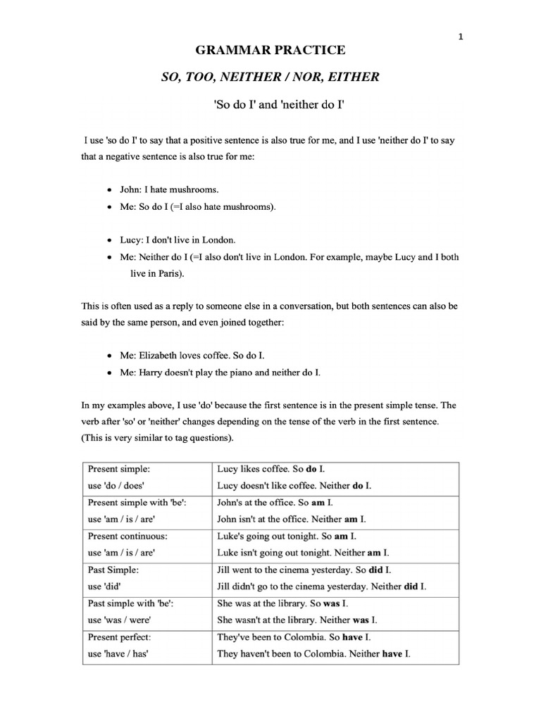 Grammar Practice So Too Neither Nor Either 1 Key Pdf