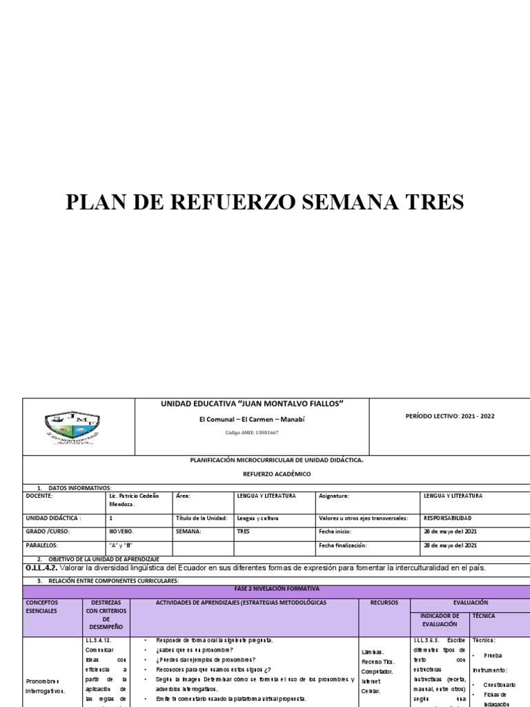 9no Plan de Refuerzo Ll-1 | PDF | Evaluación | Maestros