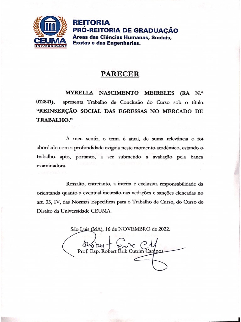 Parecer Do Professor | PDF