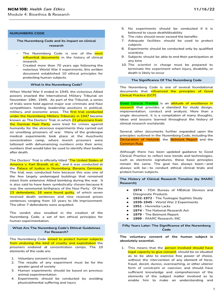 NCM 108 - Health Care Ethics - M4 - Bioethics & Research | PDF