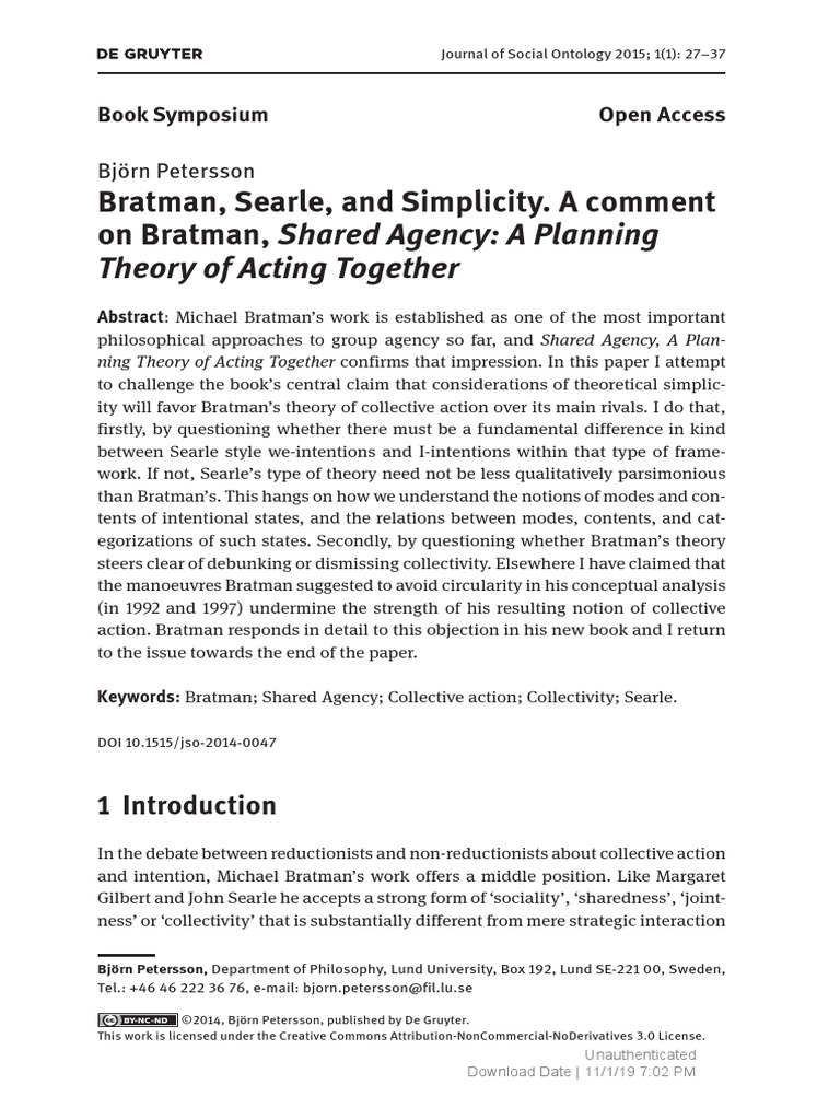 (Journal of Social Ontology) Bratman Searle and Simplicity. A Comment ...