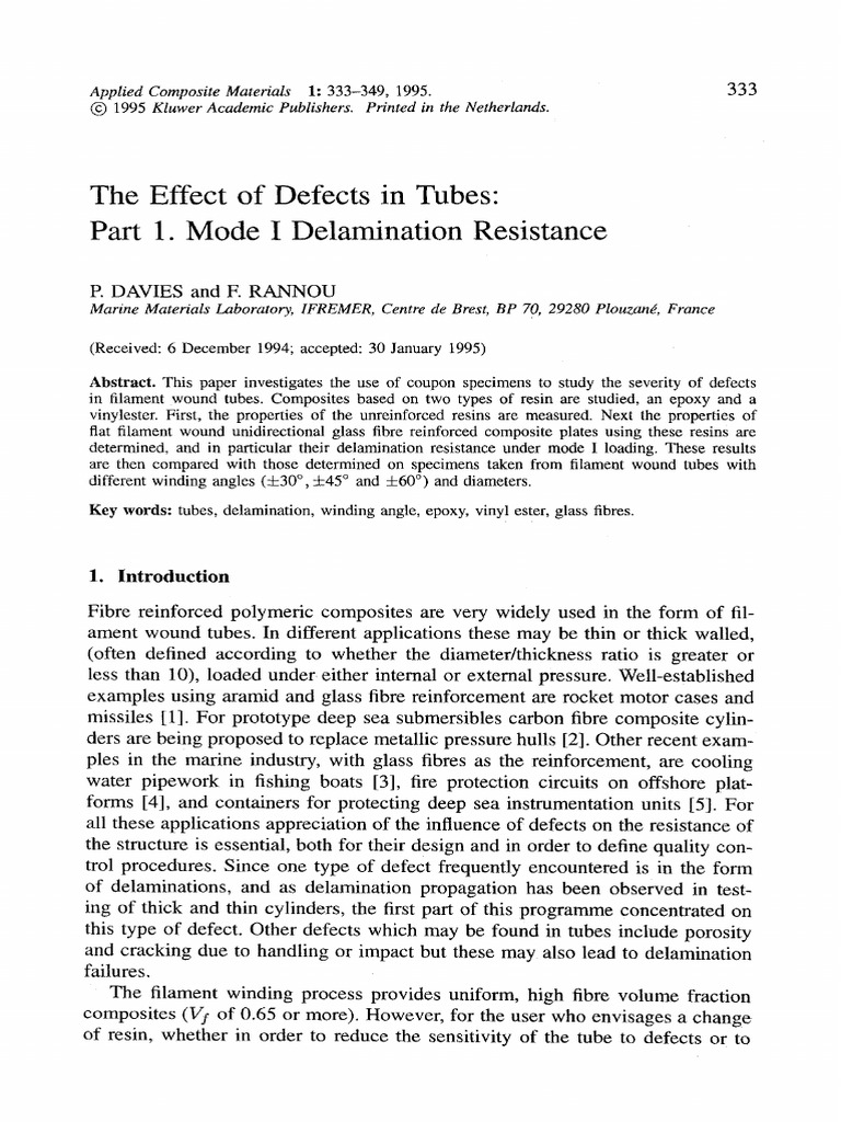 The Effect of Defects in Tubes: Part 1. Mode I Delamination Resistance ...