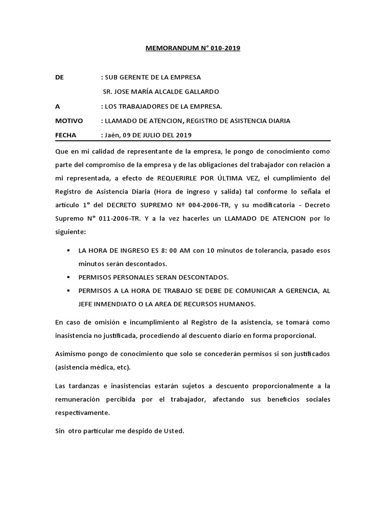 MEMORANDUM MULTIPLE - Registro Asistencia | PDF