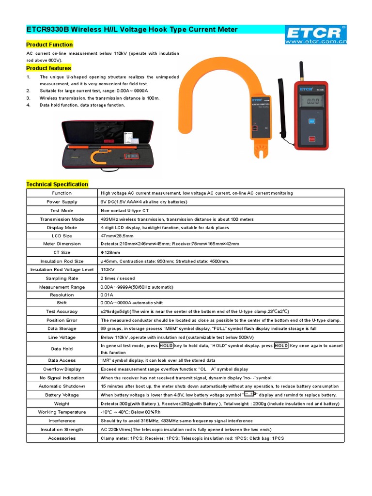 ETCR9330B Large Caliber H - L Voltage Hook Type Current Meter Catalog ...