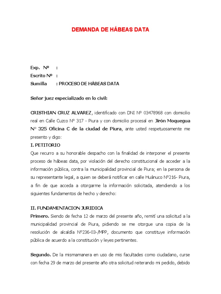 Modelo de Habeas Data | PDF | Principios éticos | Gobierno