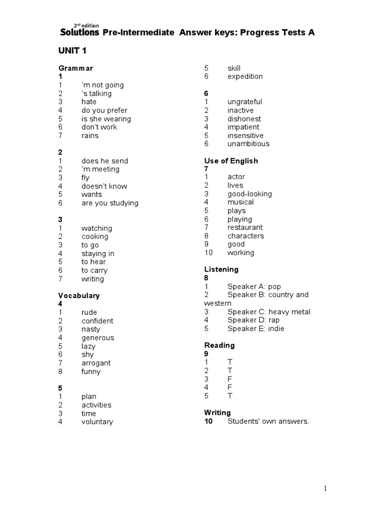 Progress Test A for Unit 1 of Pre-Intermediate Answer Keys Provides ...