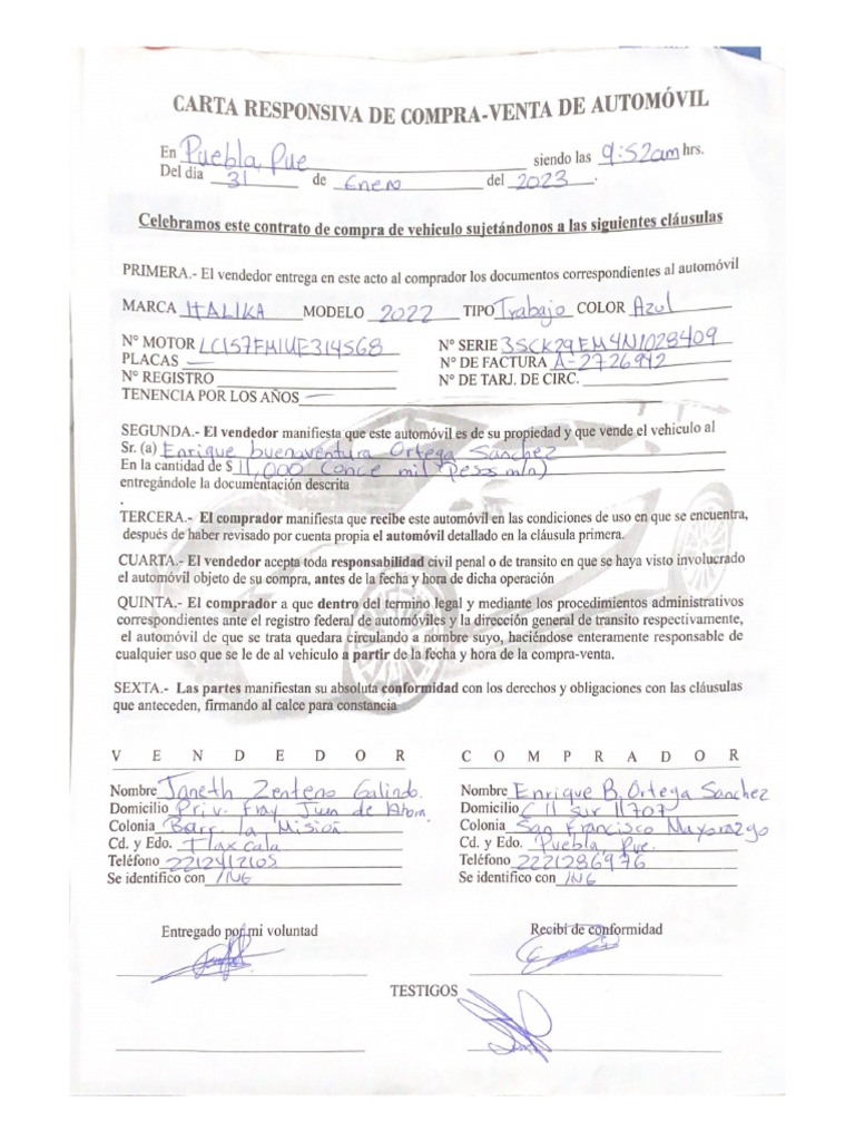 Carta Responsiva de Compra - Venta de Automóvil | PDF