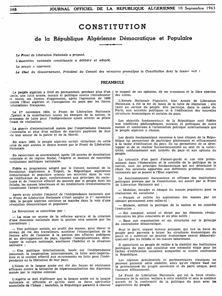 Constitution Algerienne 1963 | PDF