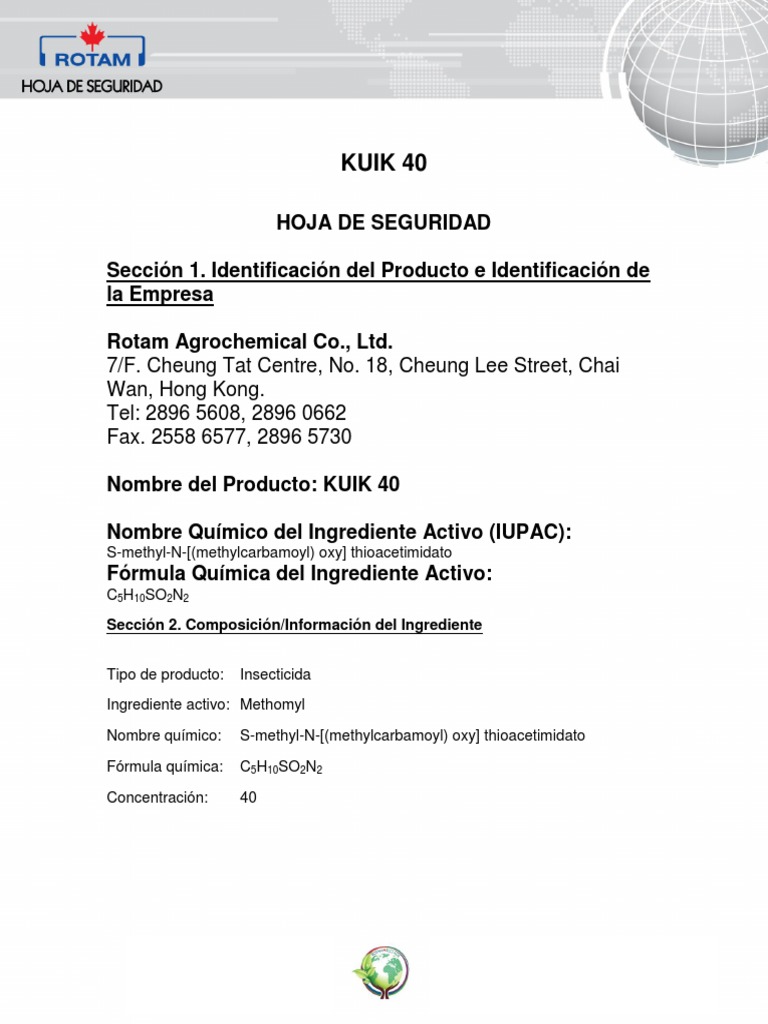 Hoja de seguridad de un insecticida altamente tóxico: Kuik 40 | PDF ...