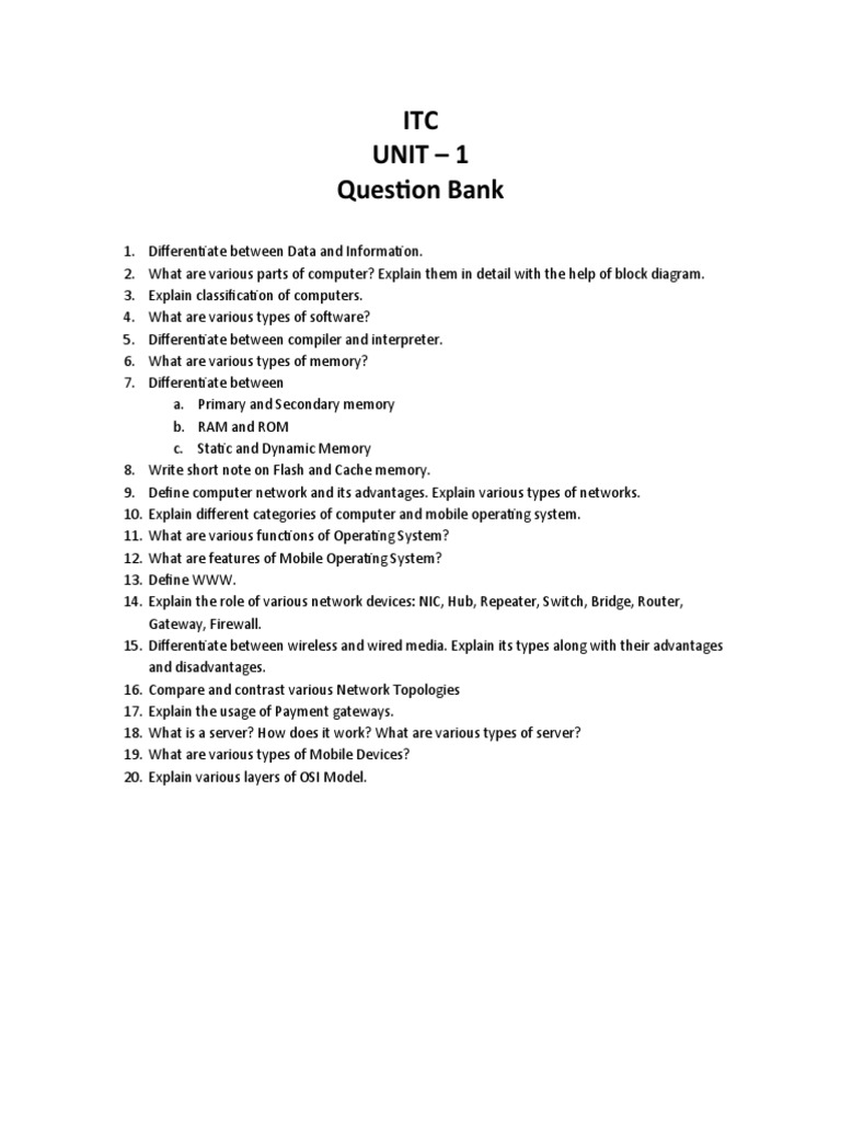 ITC Question Bank Unit 1 | PDF