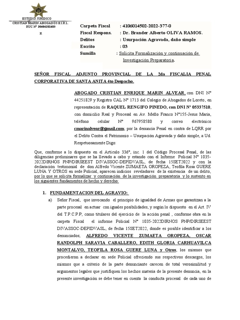Solicitud de Formalizacion de Denuncia | PDF | Fiscal | Crimen y violencia