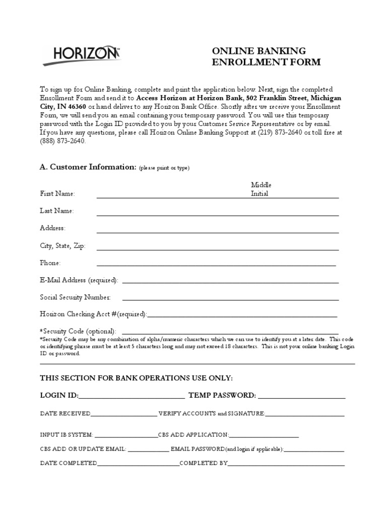 Horizon Bank Online Banking Enrollment Form | PDF | Online Banking ...