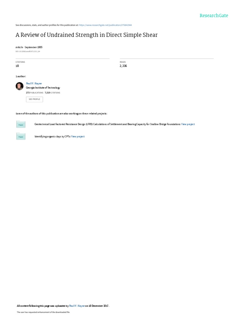 Mayne 1985 Undrained Strength DSS | PDF