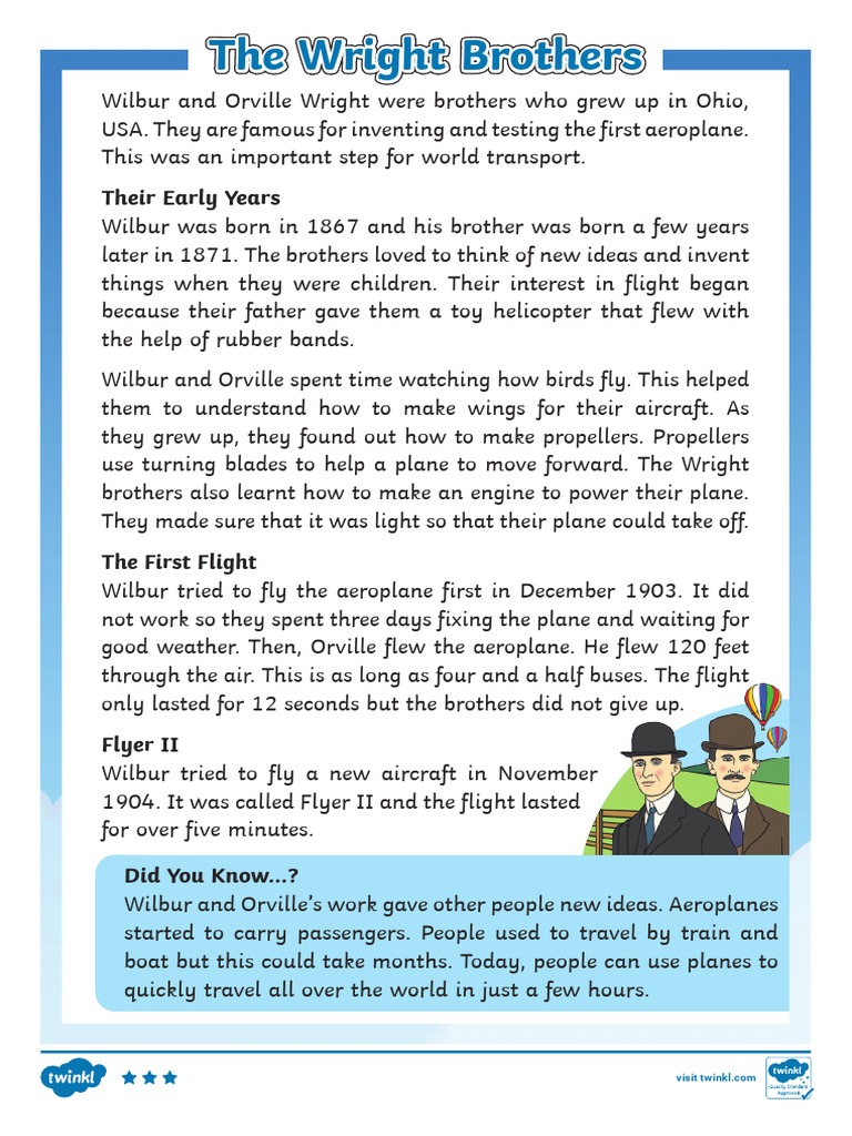 The Wright Brothers Reading Comprehension | PDF | Wright Brothers ...