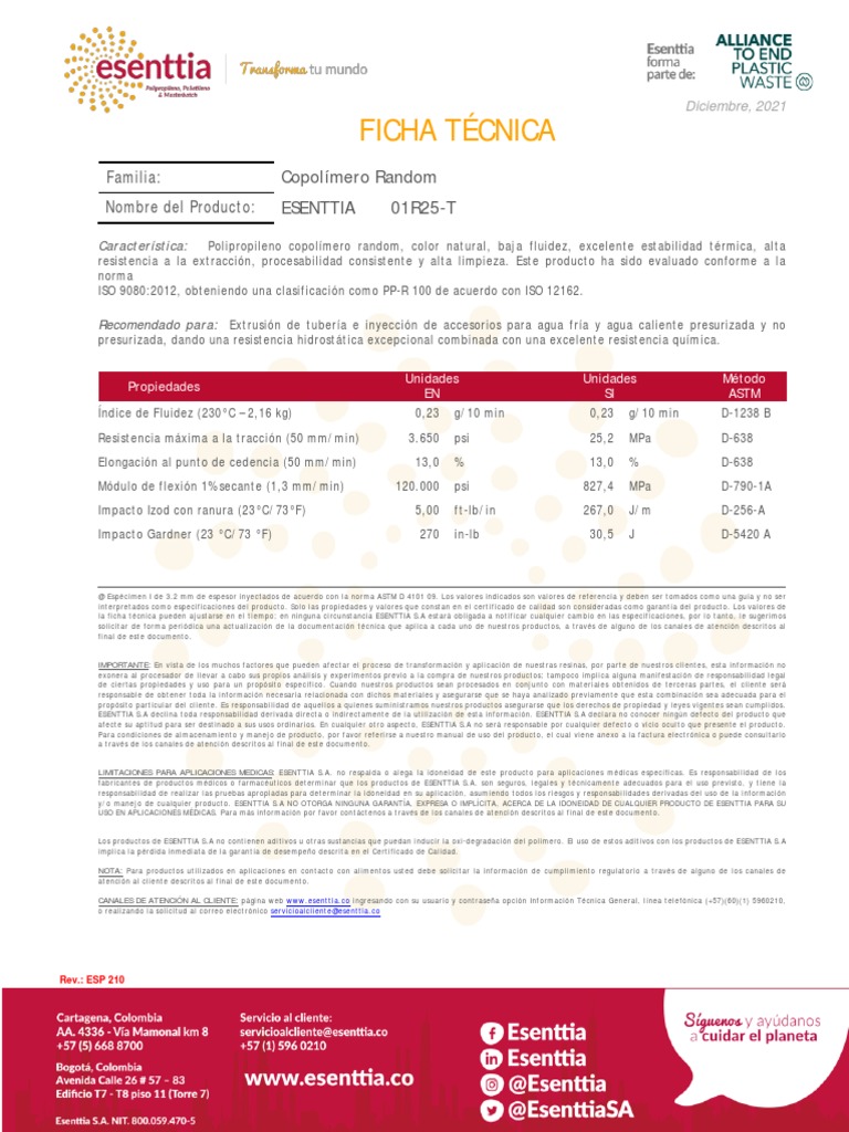 Ficha Técnica: Copolímero Random Esenttia 01R25-T | PDF
