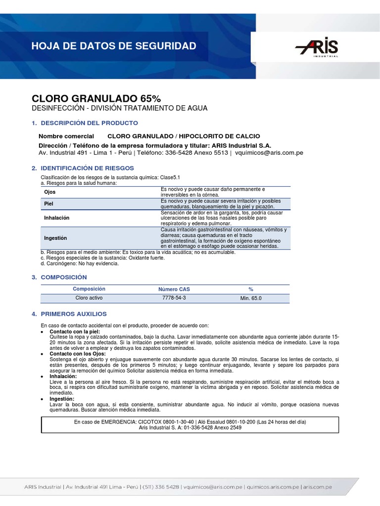 Hoja de datos seguridad cloro granulado | PDF | Agua | Cloro
