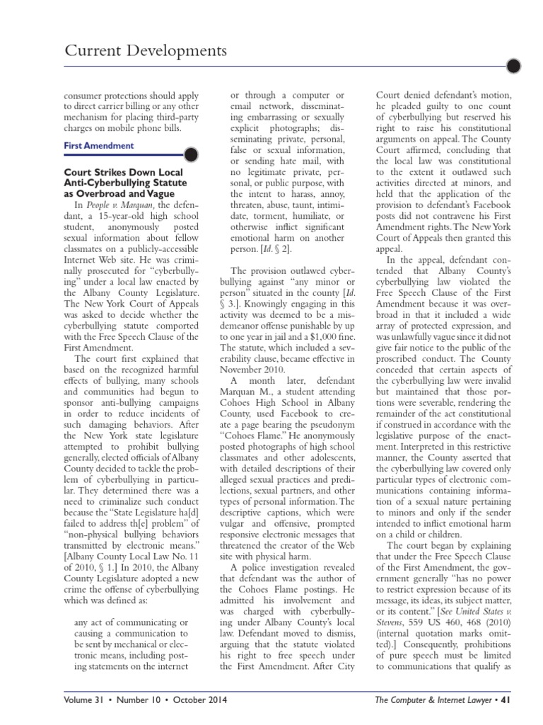 Court Strikes Down Local Anti-Cyberbullying Statute | PDF | First ...