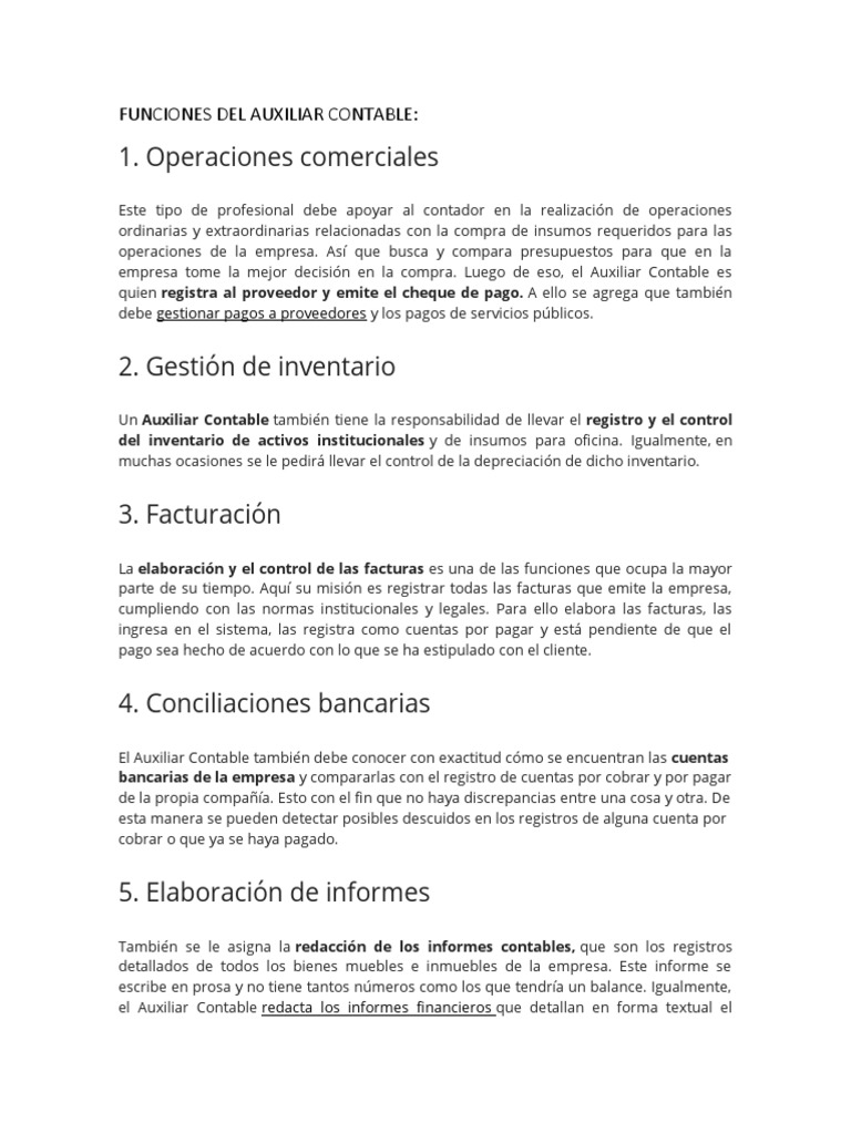 Funciones Del Auxiliar Contable | PDF | Contabilidad | Dinero