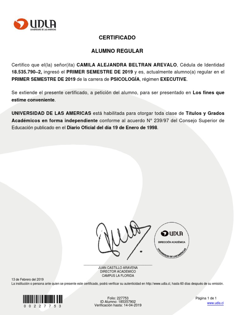 Certificado Alumno Regular | PDF
