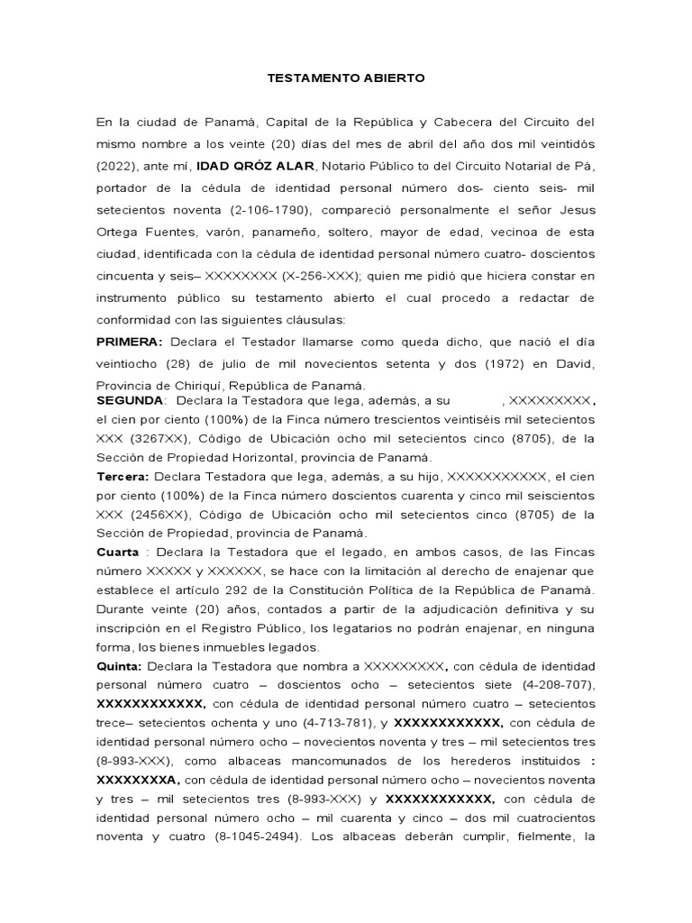 Testamento Abierto. Modelo | PDF