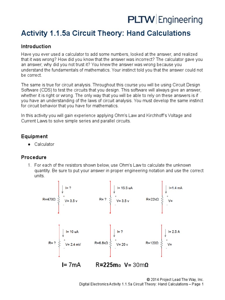 Activity 1.1.5a Circuit Theory Hand Calculations | PDF | Series And ...