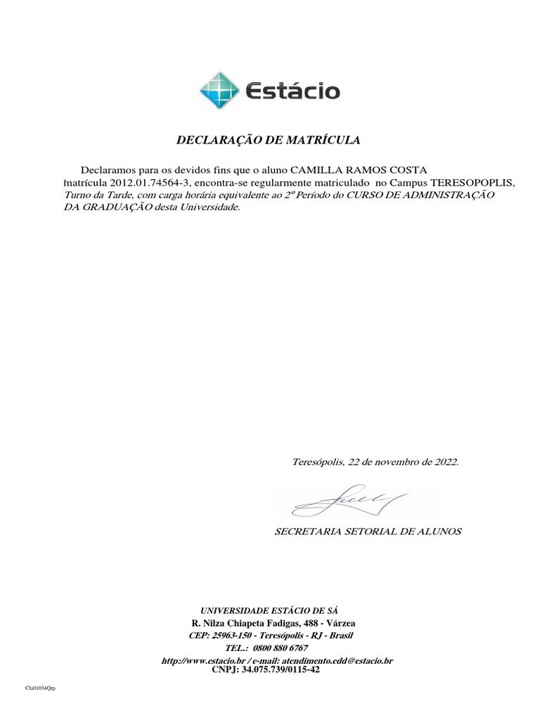 Declaração de Matrícula de Camilla Ramos Costa no Curso de ...