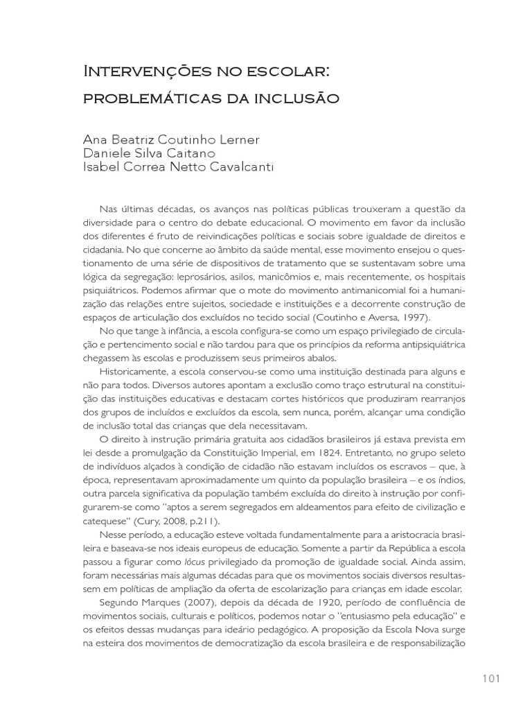 Intervenções No Escolar Problemáticas Da Inclusão E Mecanismos De