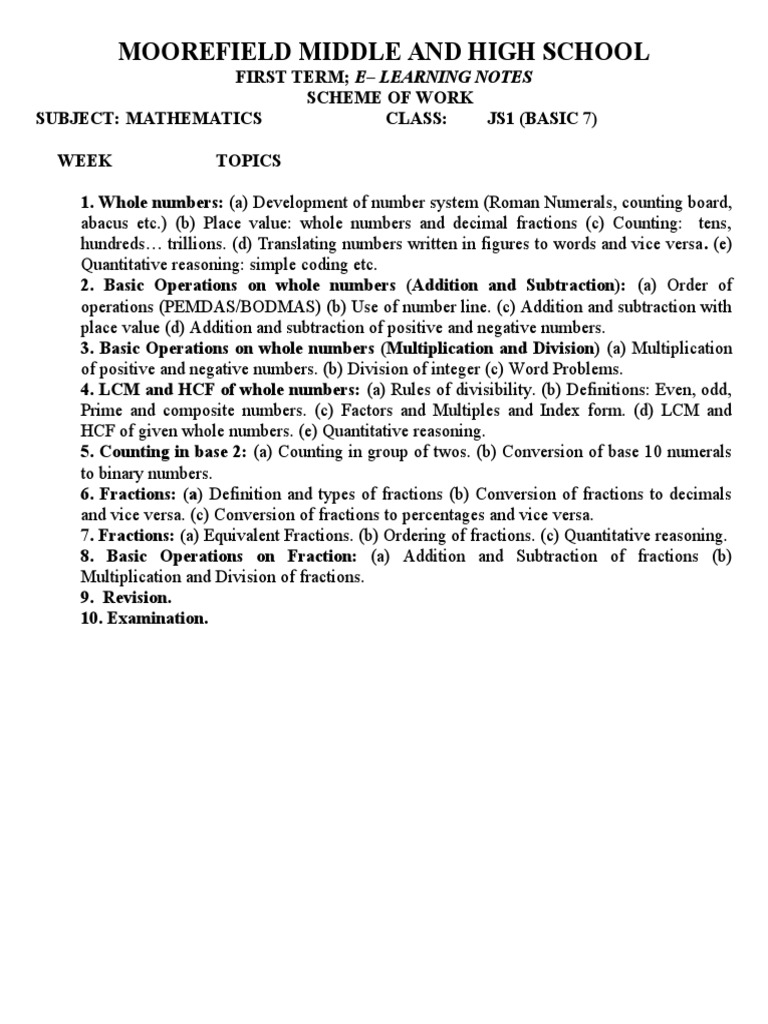 JSS1 First Term Mathematics Notes | PDF | Numbers | Multiplication