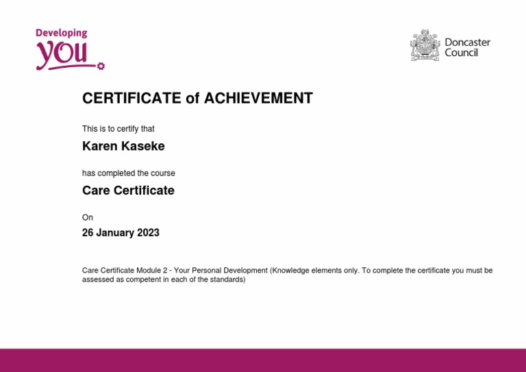 Care Certificate Achievement for Karen Kaseke | PDF