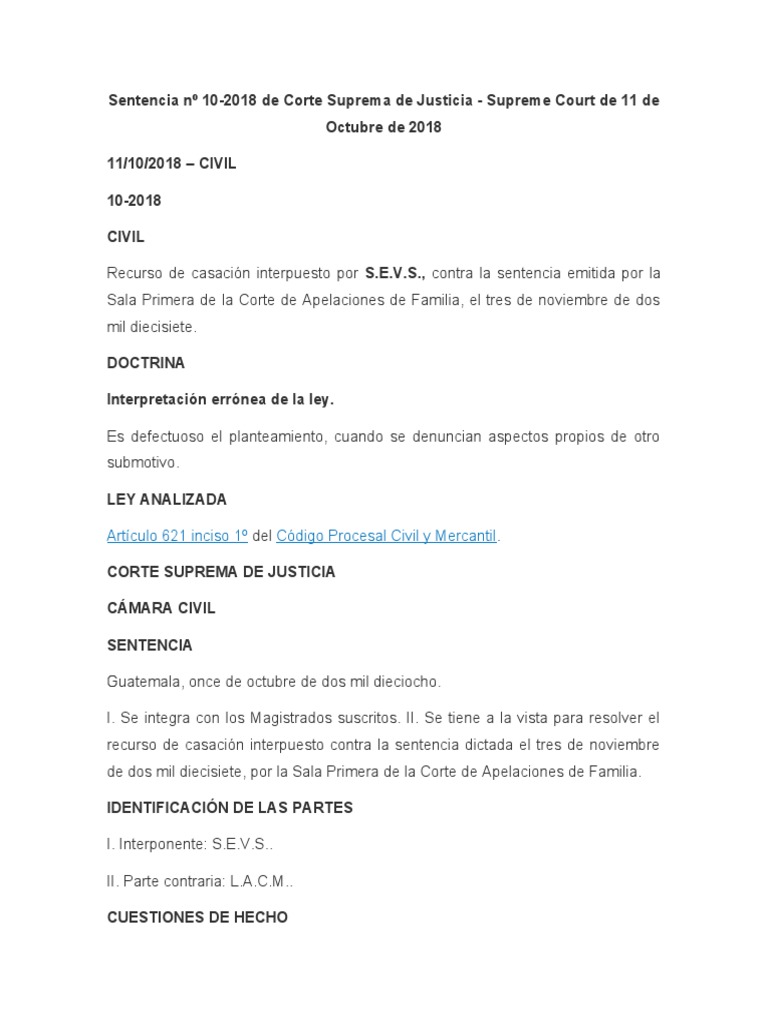 Sentencia Nº 10-2018 RECURSO CASACIÓN DIVORCIO | PDF | Divorcio ...