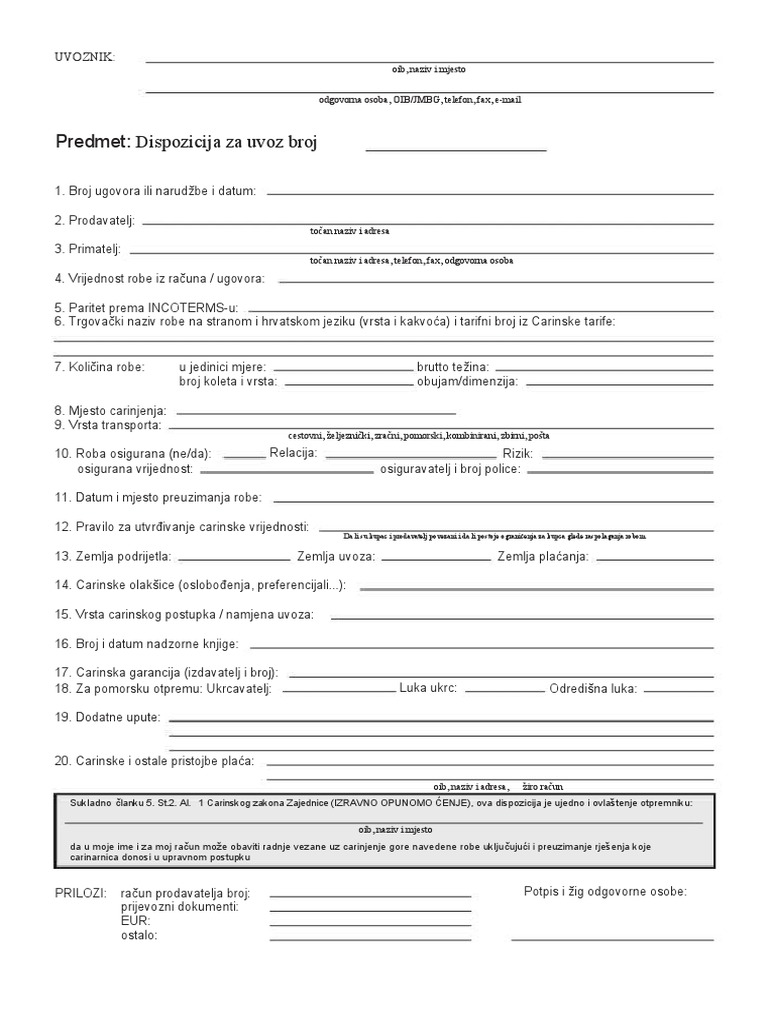 Prilog 2 Dispozicija Za Uvoz | PDF
