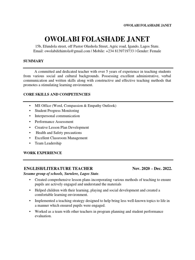 Experienced English Teacher resume | PDF | Teachers | Lesson Plan