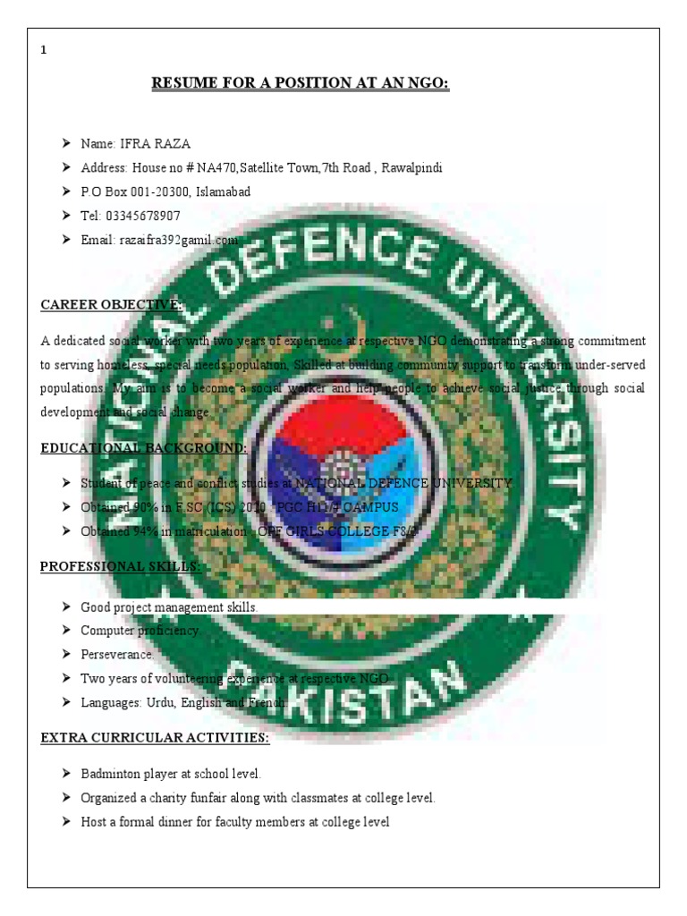 NGO Job Application Resume Sample | PDF