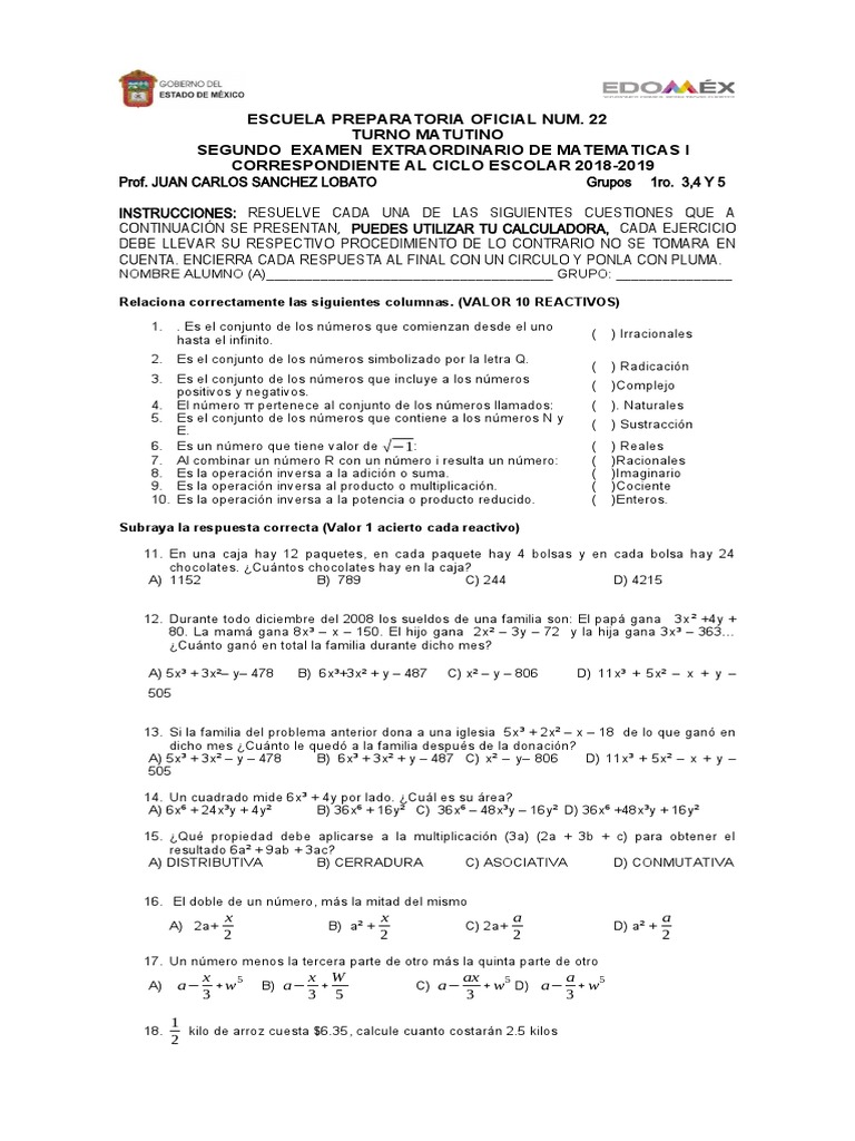 Examen Extraordinario Matemáticas I | PDF | Multiplicación | Matemáticas