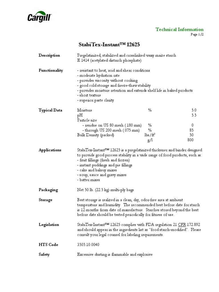 Almidon Pregelatinizado 12625 | PDF | Starch | Shelf Life