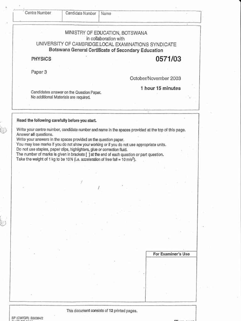 Bgcse Physics Paper 3 2003 | PDF | Materials Science | Electricity
