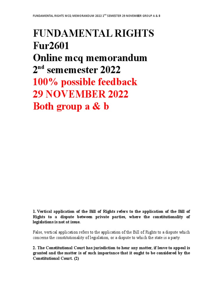 FUR2601 Fundamental Rights MCQ Memo | PDF | United States Bill Of ...