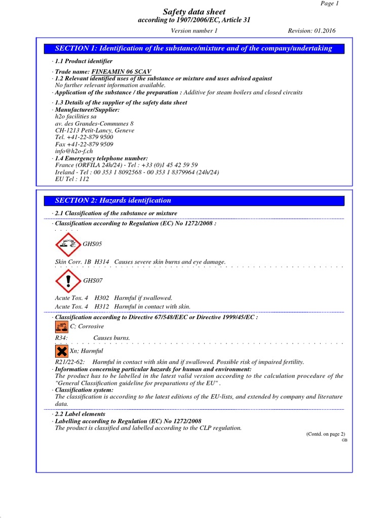 Fineamin 06 SCAV Safety Data Sheet | PDF | Toxicity | Dangerous Goods