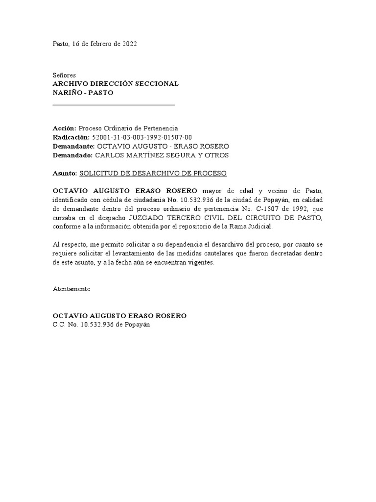 Solicitud de Desarchivo de Proceso | PDF