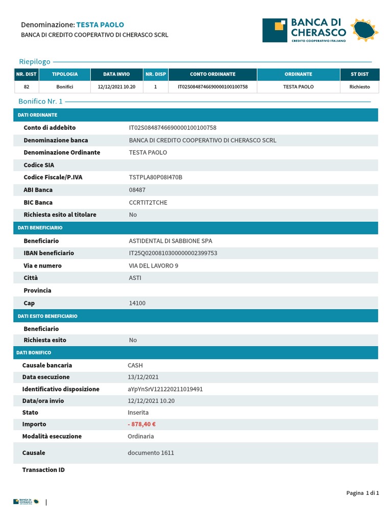 Dettaglio Bonifico | PDF