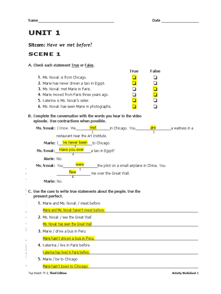 UNIT 01 TV Activity Worksheets | PDF