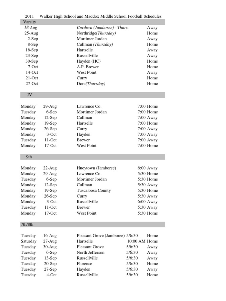 2011 Walker High Football Schedule | PDF
